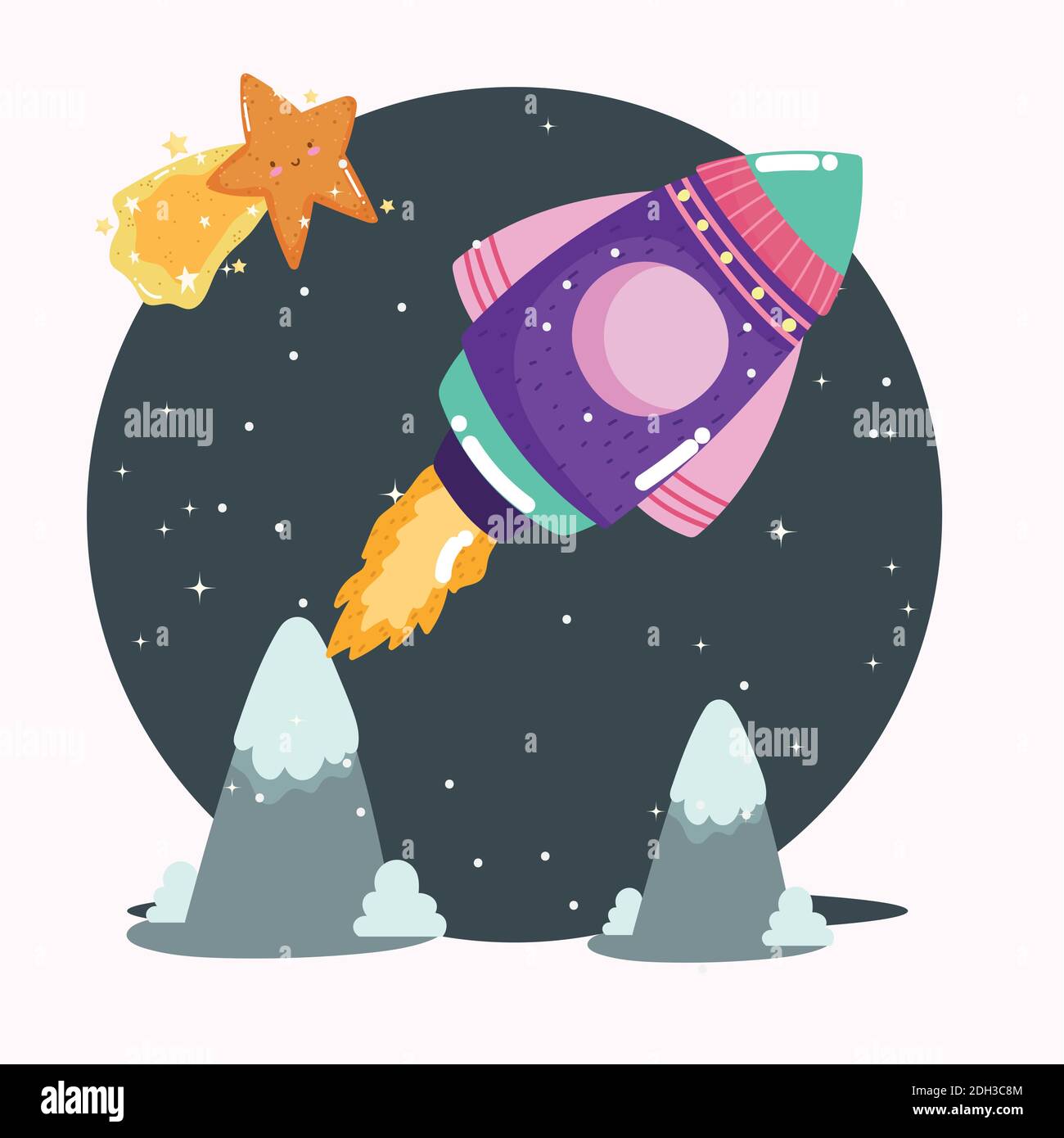 space spaceship shooting star explore and adventure cute cartoon vector ...
