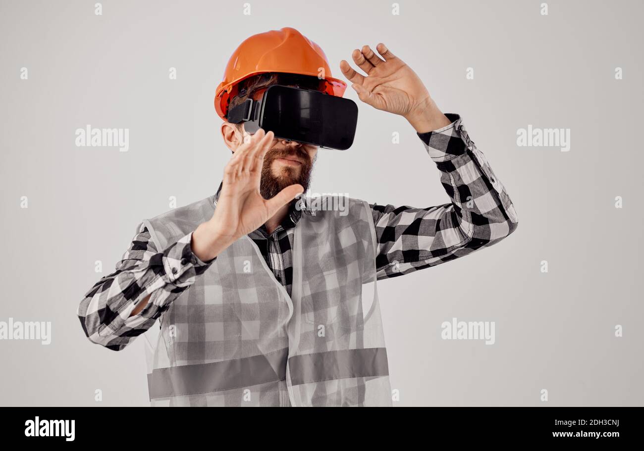 3d virtual reality glasses orange hard hat man in plaid shirt internet ...