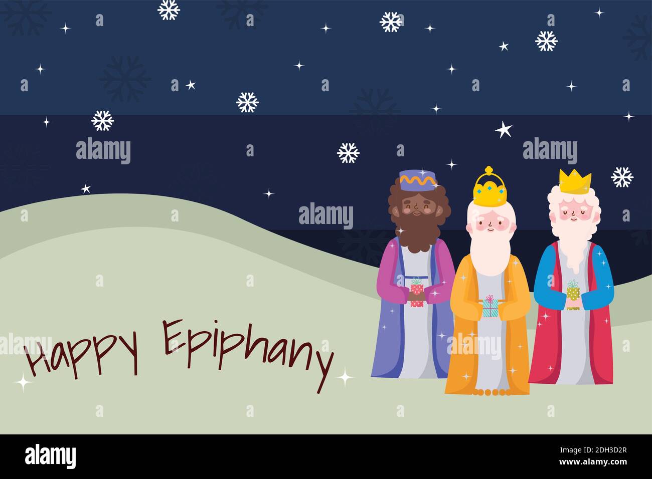 happy epiphany, three wise kings snowflakes decoration card vector ...