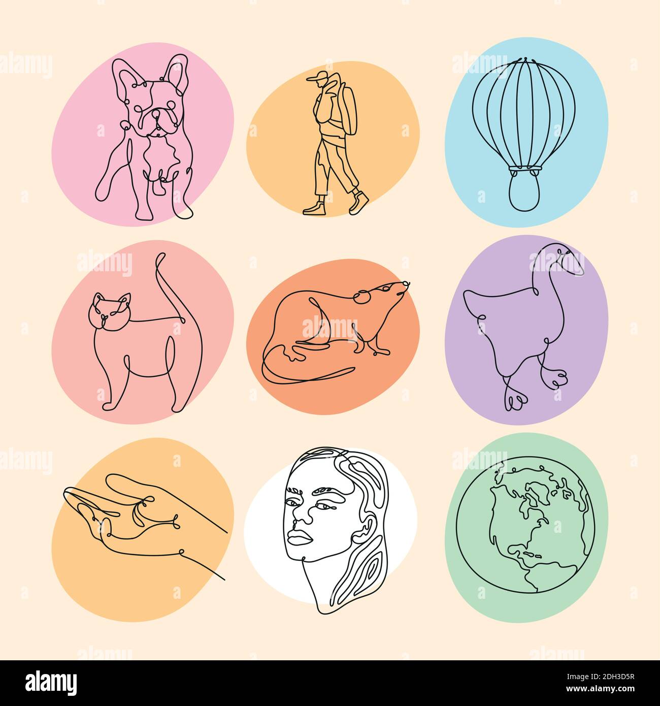 bundle of nine elements one line style icons vector illustration design ...