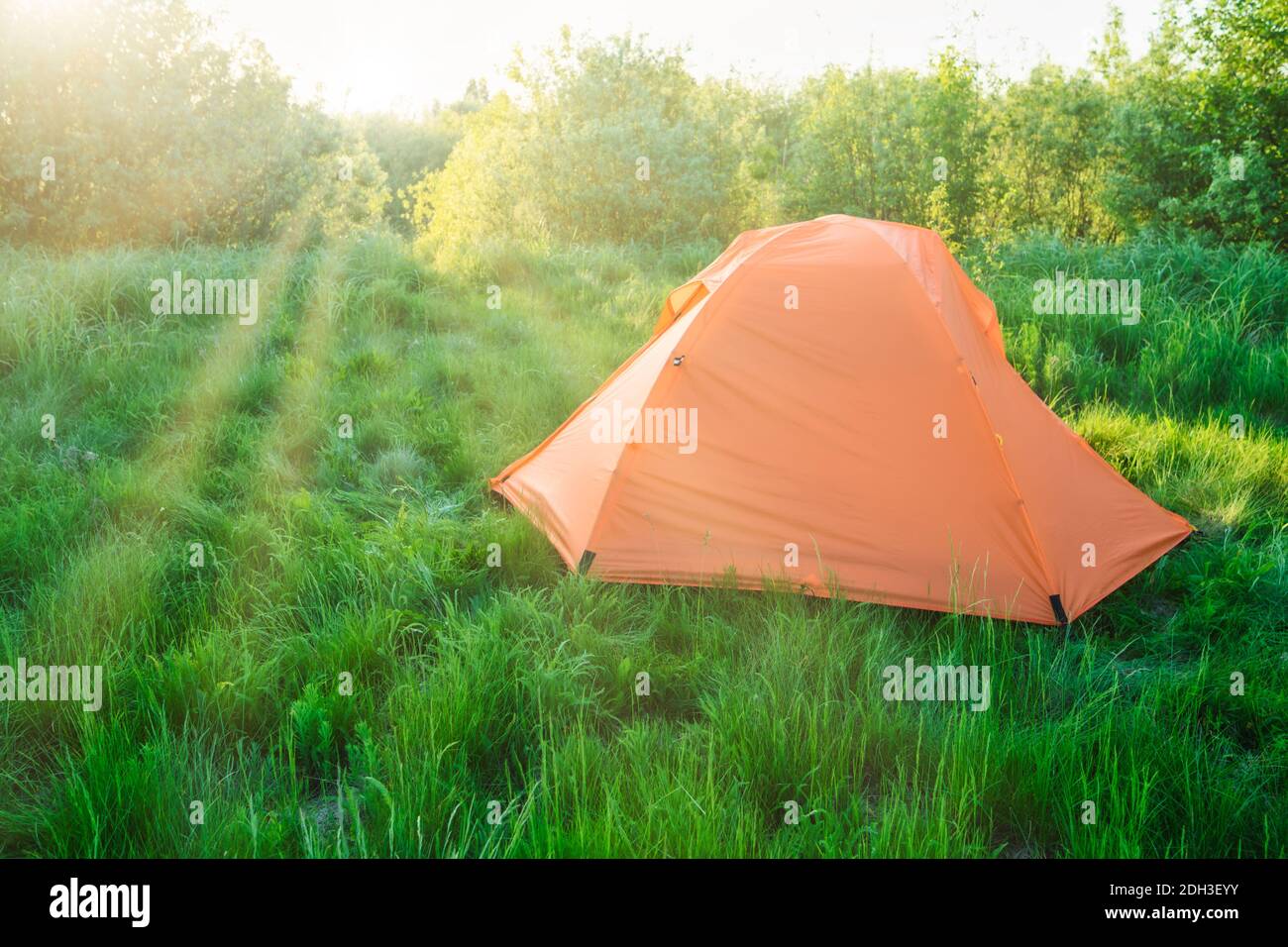 Tent camping at sunset Stock Photo - Alamy