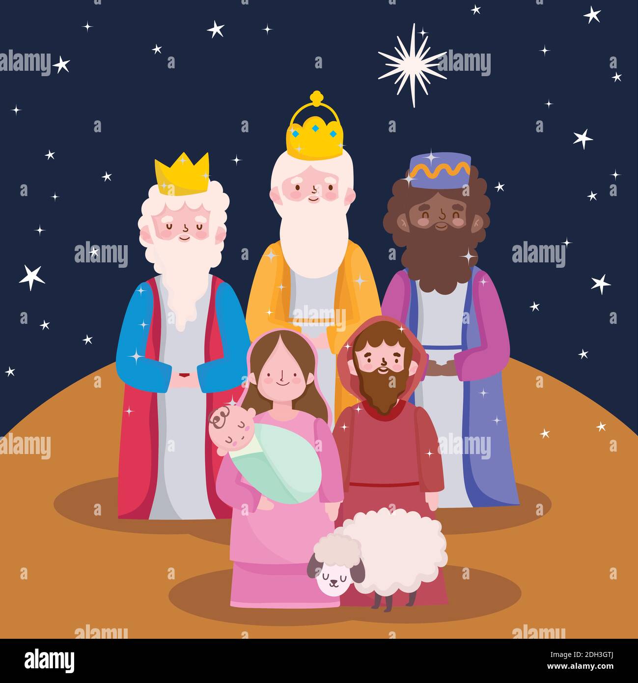 happy epiphany, three wise kings joseph baby jesus and sheep cartoon ...