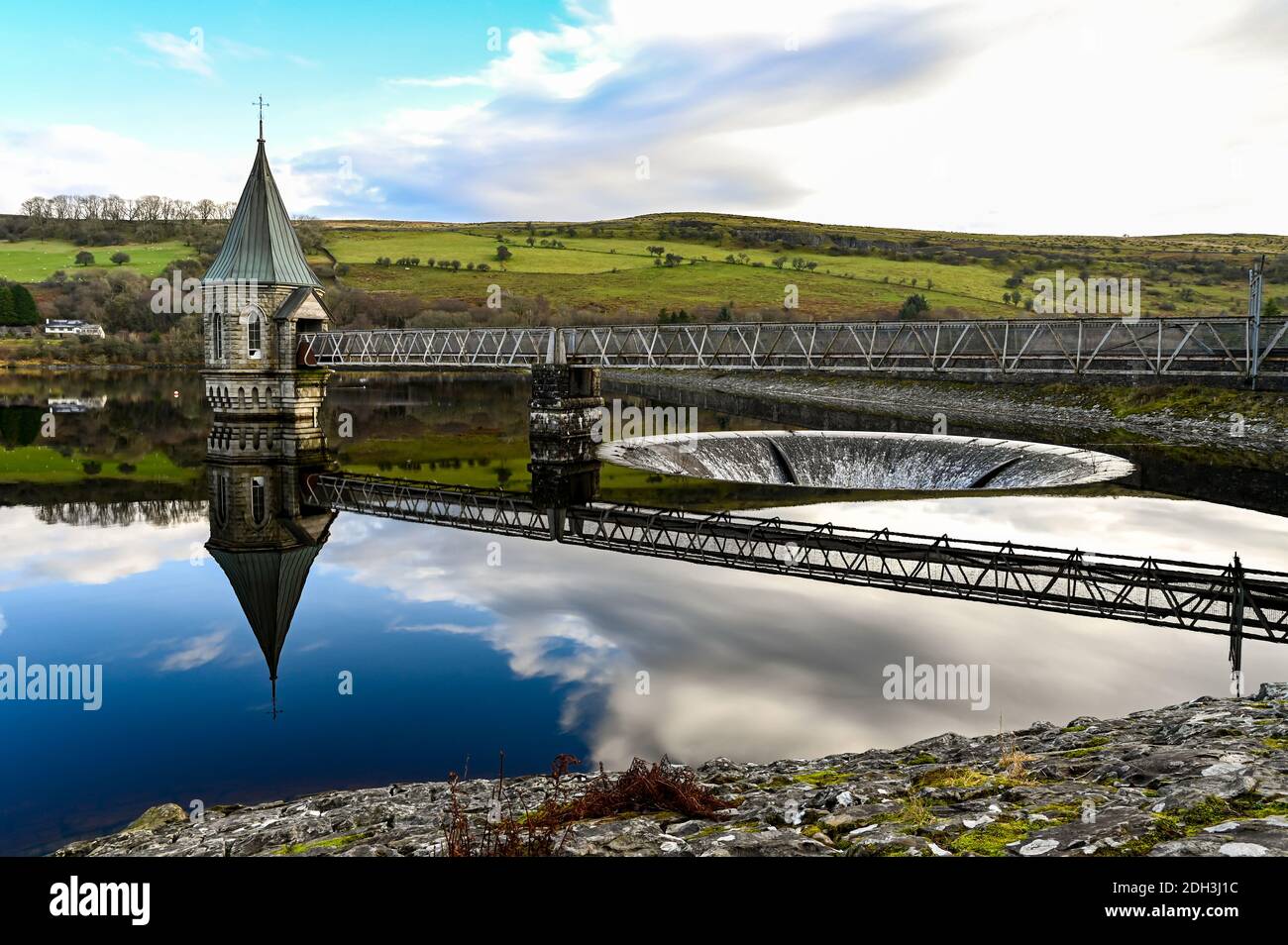 Pontsticill Reservoir with Bell-mouth spillway and valve tower, South ...