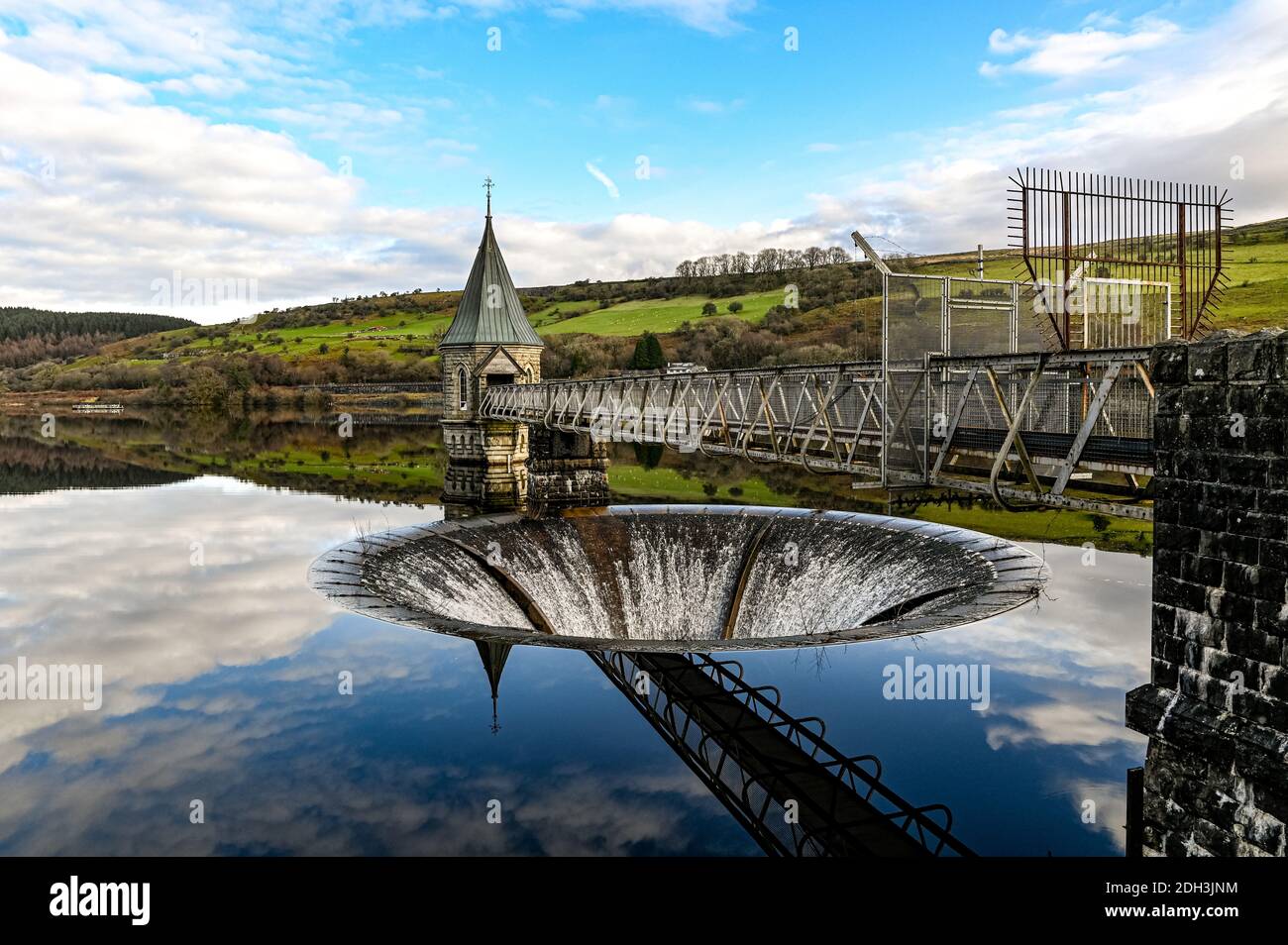 Pontsticill Reservoir with Bell-mouth spillway and valve tower, South ...