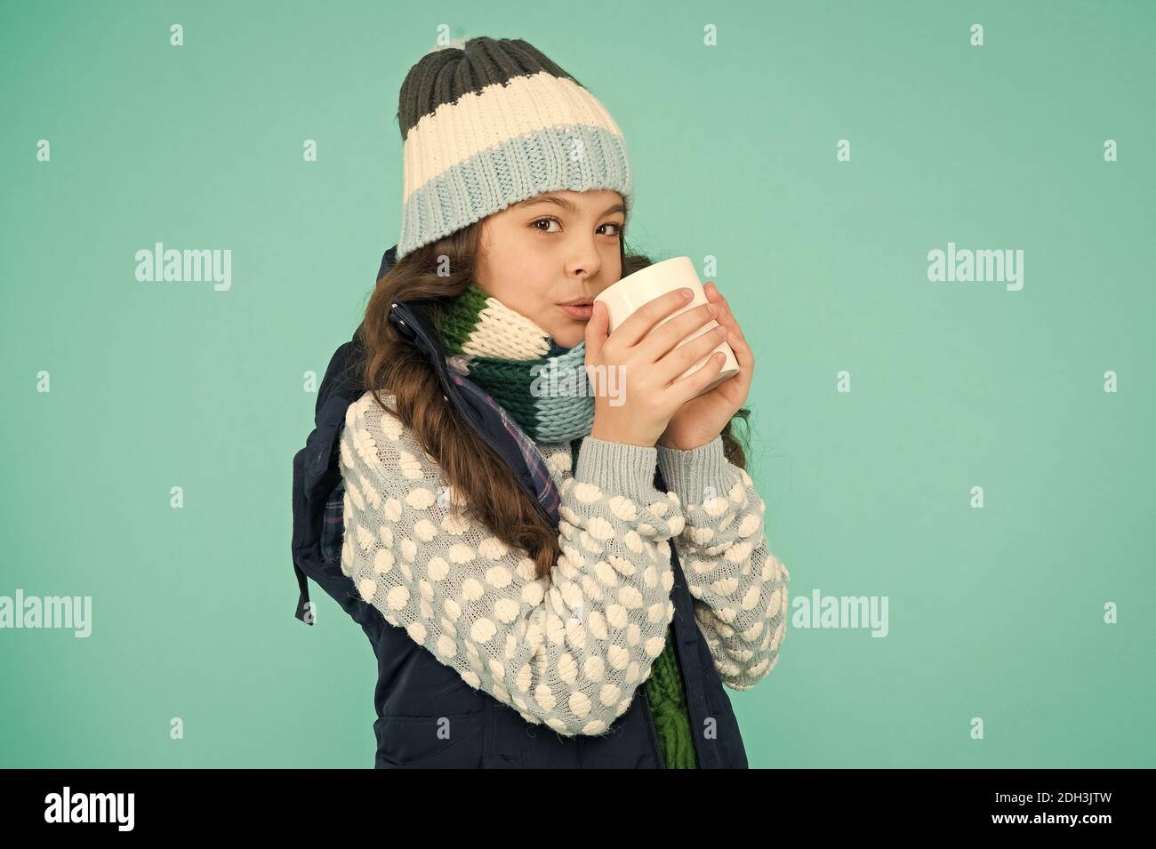 change your temperature. girl child hot tea cup. kid winter fashion ...