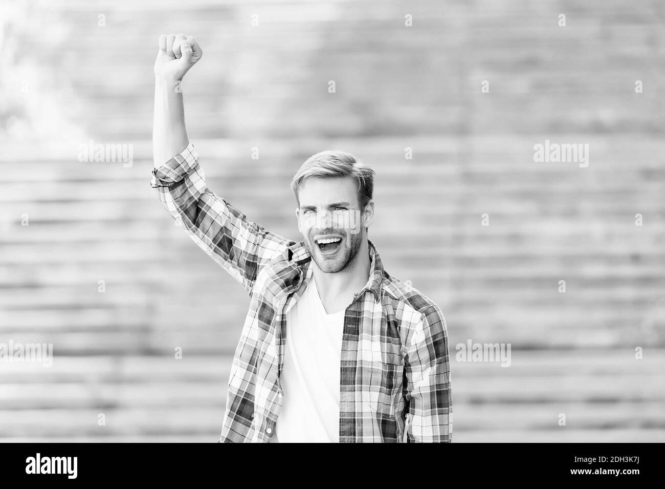 Being winner is wonderful thing. Happy winner celebrate outdoors. Happy ...