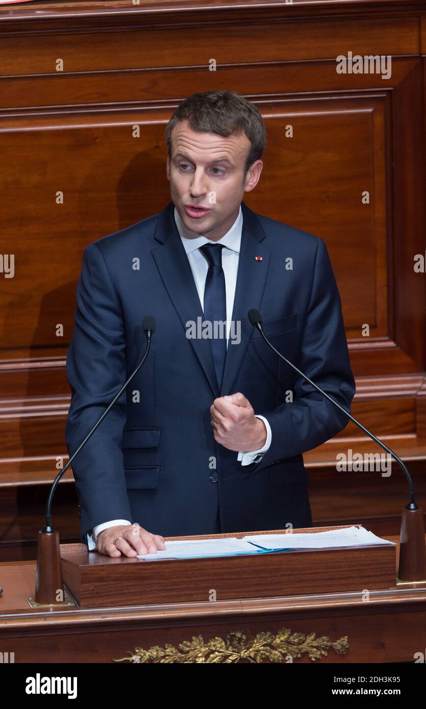 French President Emmanuel Macron delivers a speech during a special ...