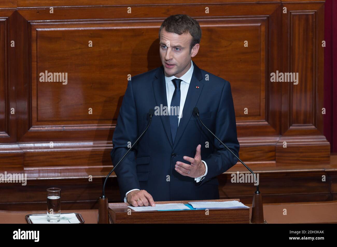 French President Emmanuel Macron delivers a speech during a special ...