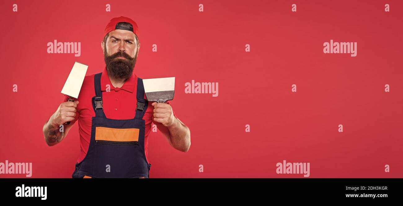 Successful renovation. Repair success. Bearded man worker with ...