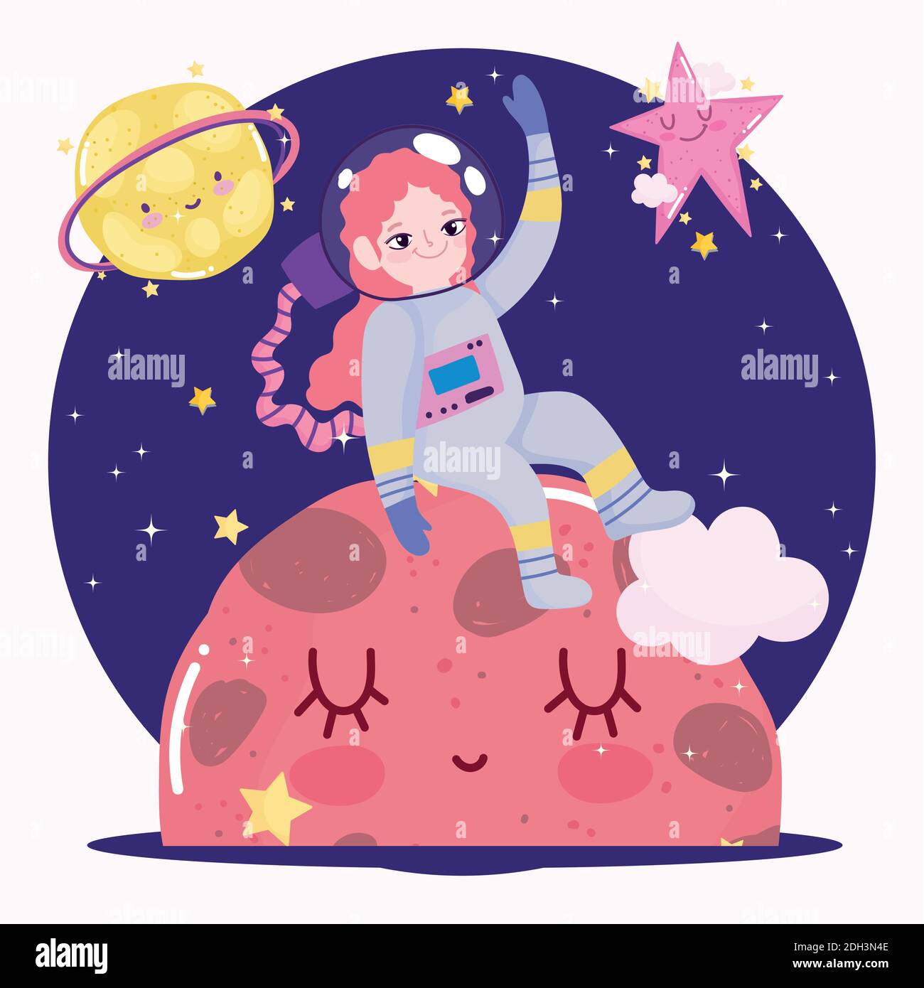 space astronaut girl sitting on planet and stars cute cartoon vector ...