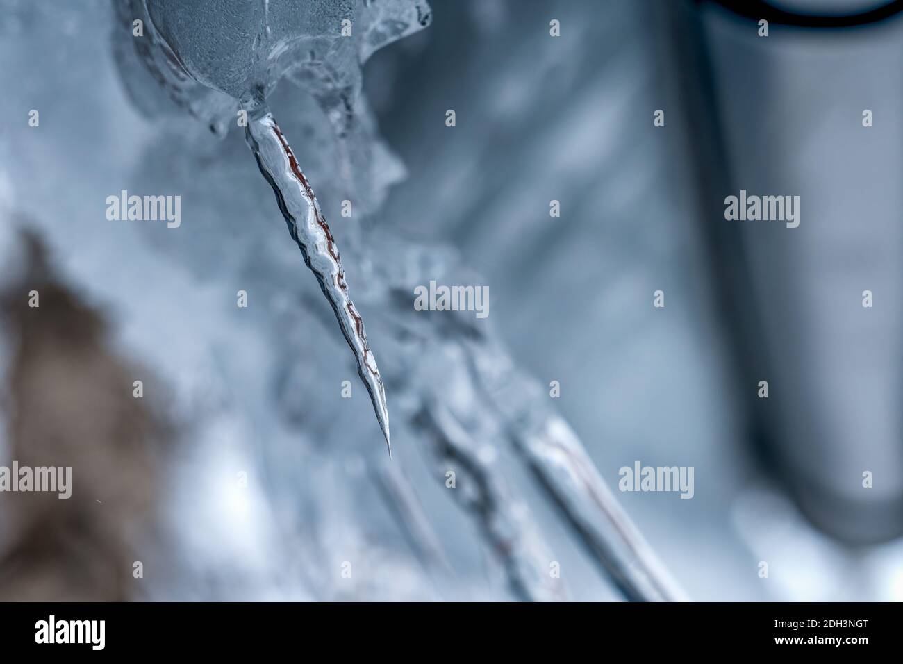 Close up detailed view on transparent melting thin icicle in spring ...