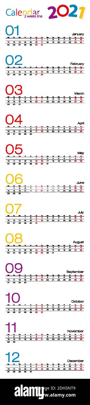 Year 2021 Calendar, 2 weeks line for different design. Vector calendar ...