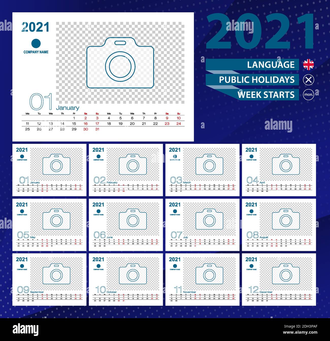 Desk calendar 2021, 2 week grid in English. Place for photo for ...