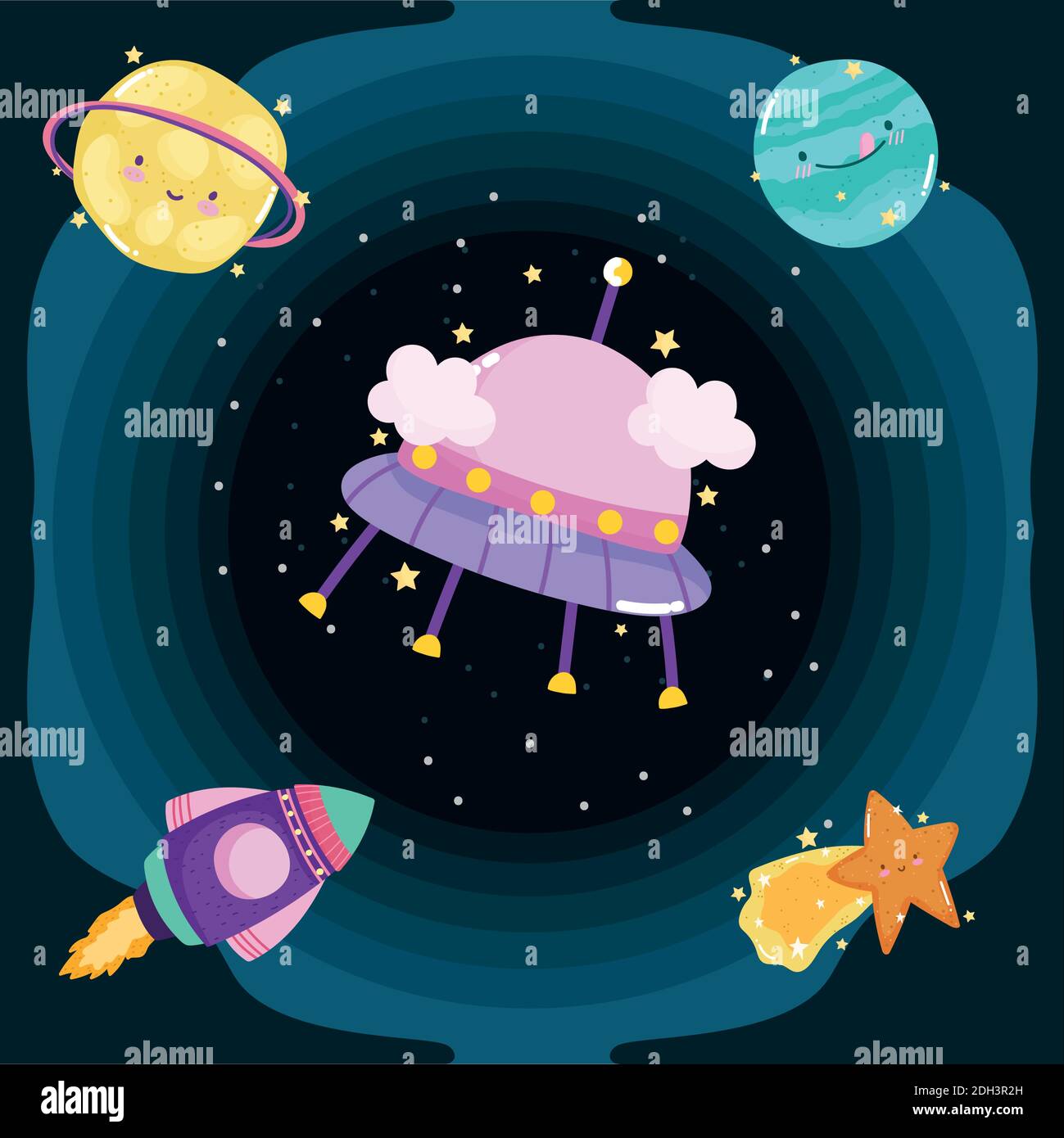 space adventure explore ufo and planets cute cartoon vector ...