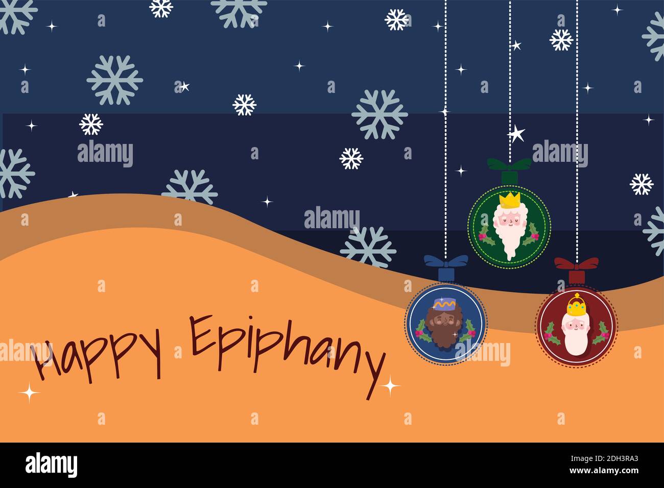 happy epiphany, three wise kings in hanging balls, snowflakes ...