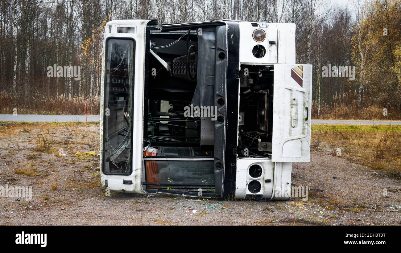 Broken after accident bus on its side Stock Photo - Alamy