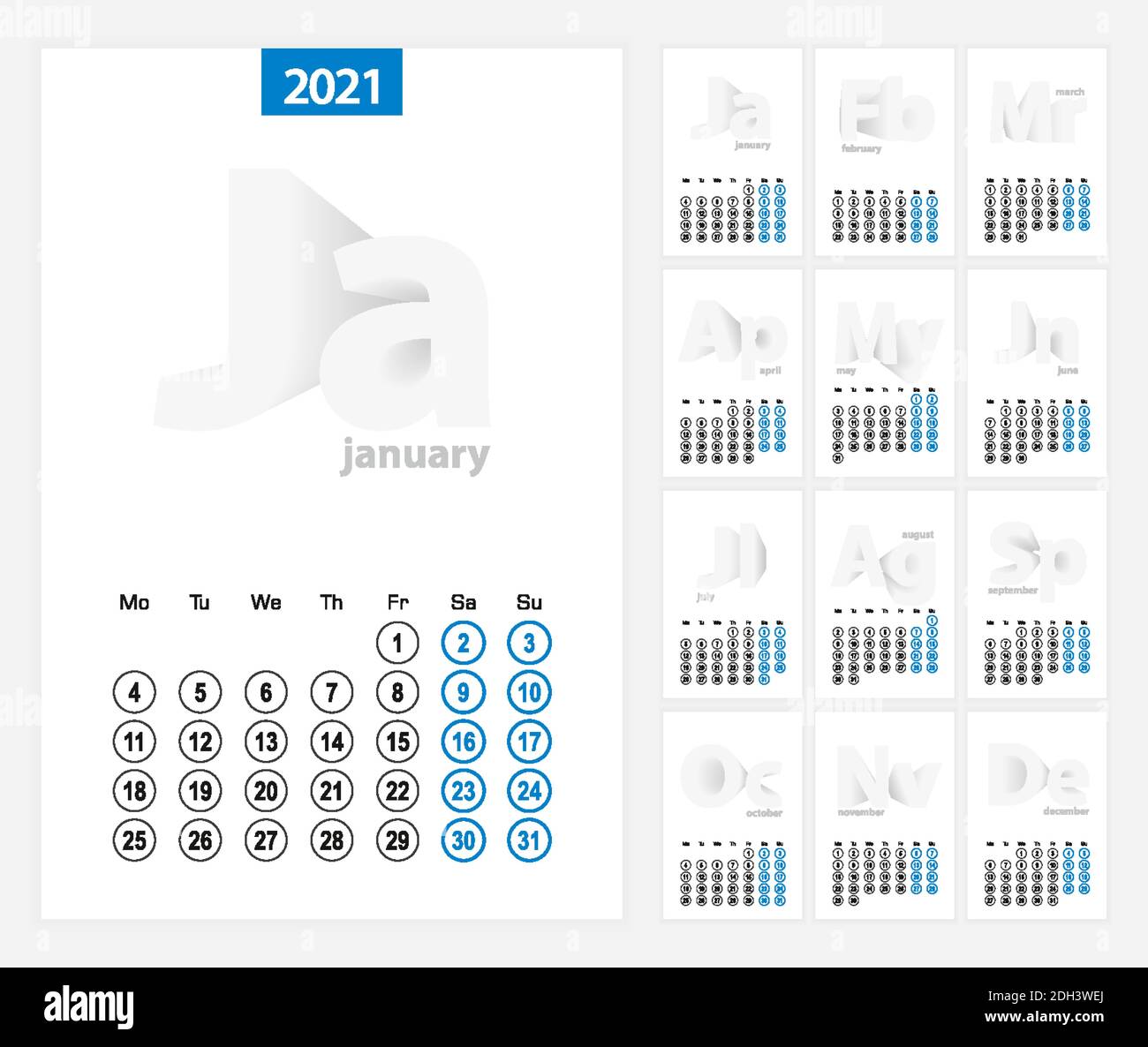 Calendar 2021, blue circle design. English language, week starts on ...