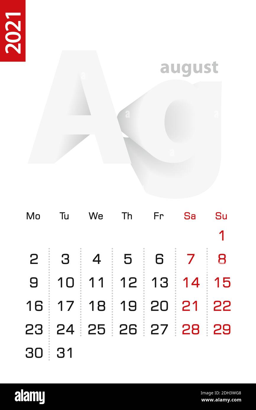 Minimalist calendar template for August 2021, vector calendar in ...