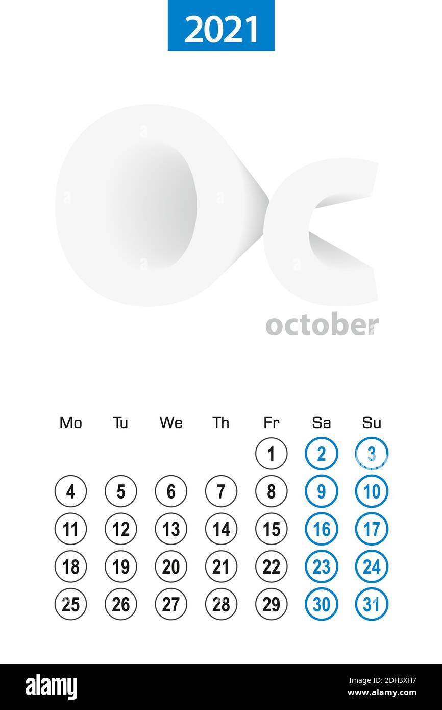 Calendar for October 2021, blue circle design. English language, week ...