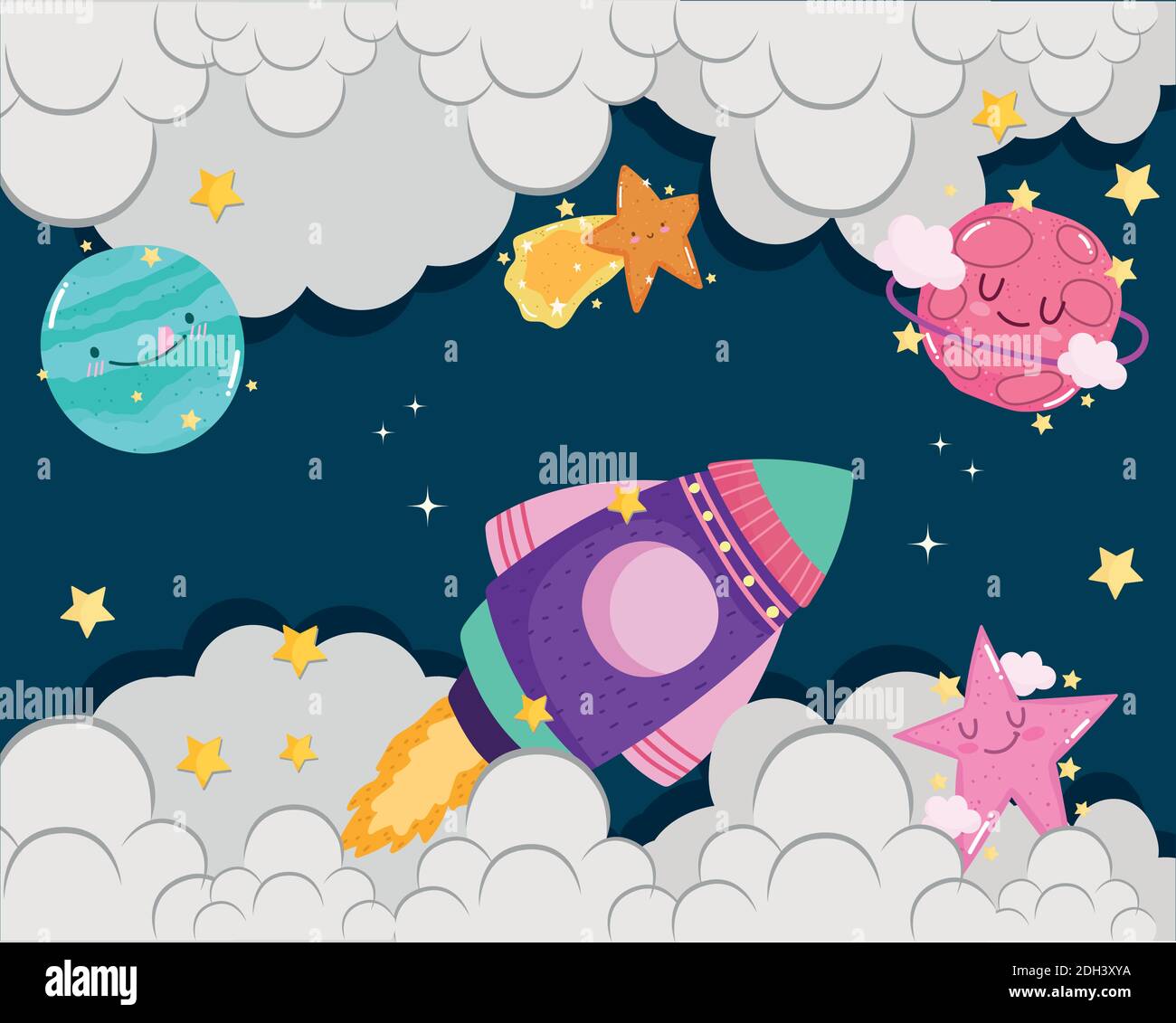 space spaceship shooting star planets clouds sky adventure cute cartoon ...