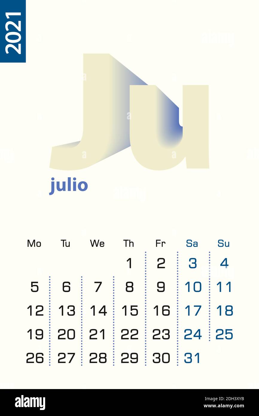 Minimalist calendar template for July 2021, vector calendar in Spanish ...