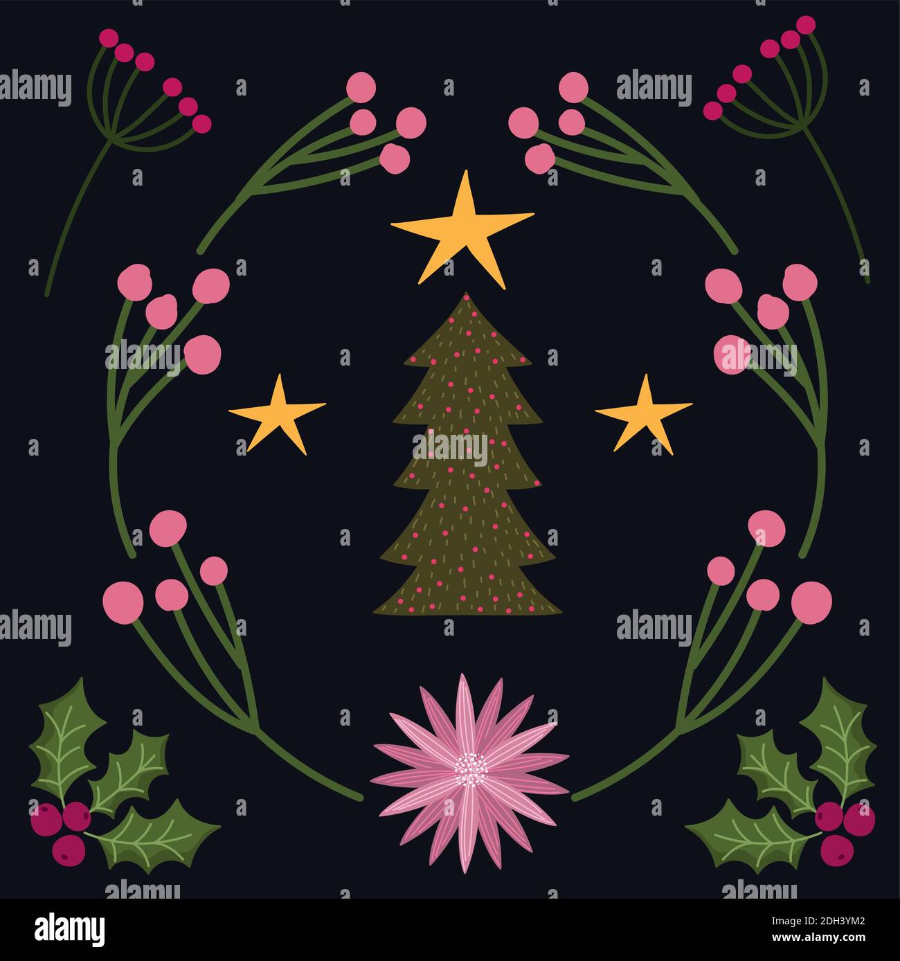 happy new year tree flower holly berry decoration card vector ...