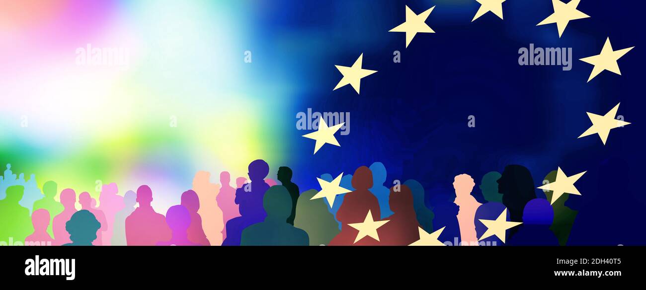 Eu symbol and people, crowd, flag, europe, blue, banner, lights Stock ...