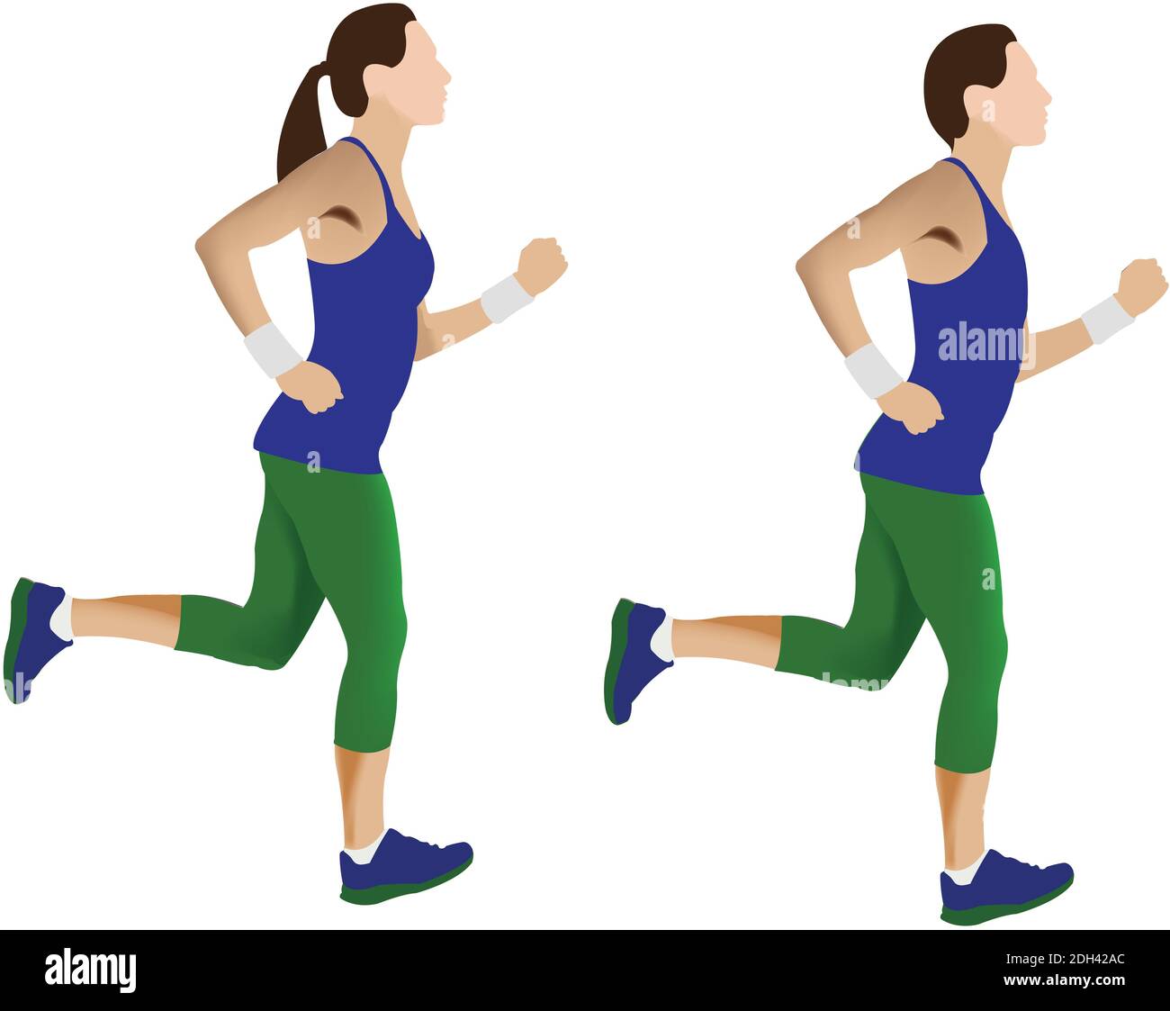 An illustration of a white woman and a white man running to the right ...