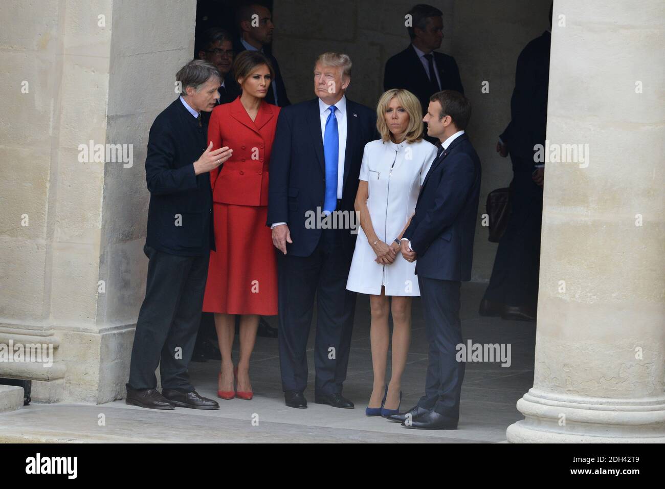 French President Emmanuel Macron and first lady Brigitte Macron welcome ...
