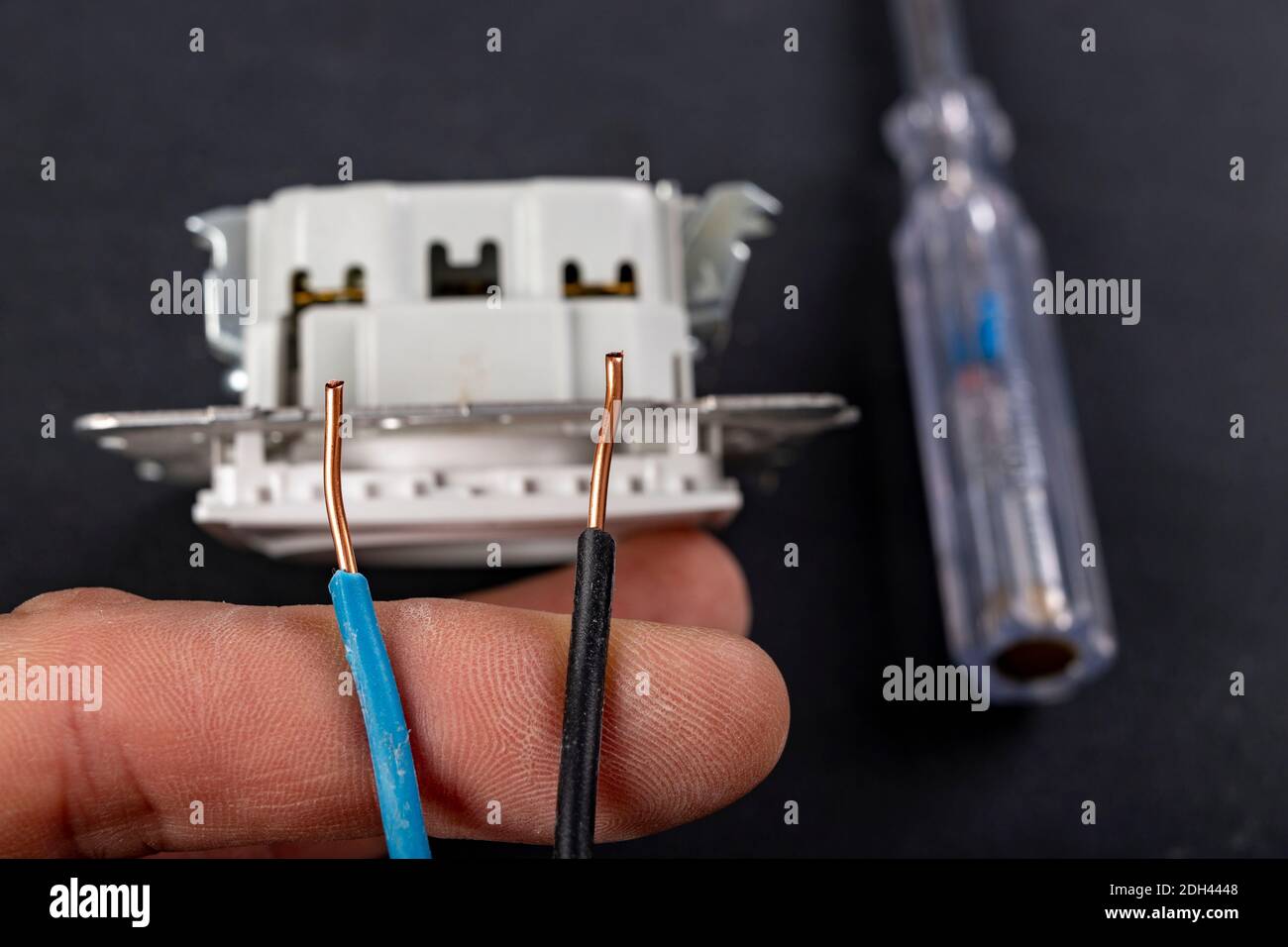 Copper electrical wires during assembly. Minor electrical work in the ...