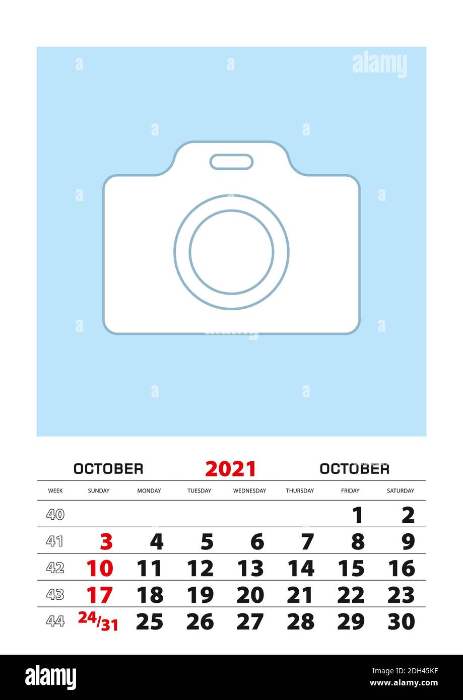 October 2021 calendar planner A3 size with place for your photo. Vector ...