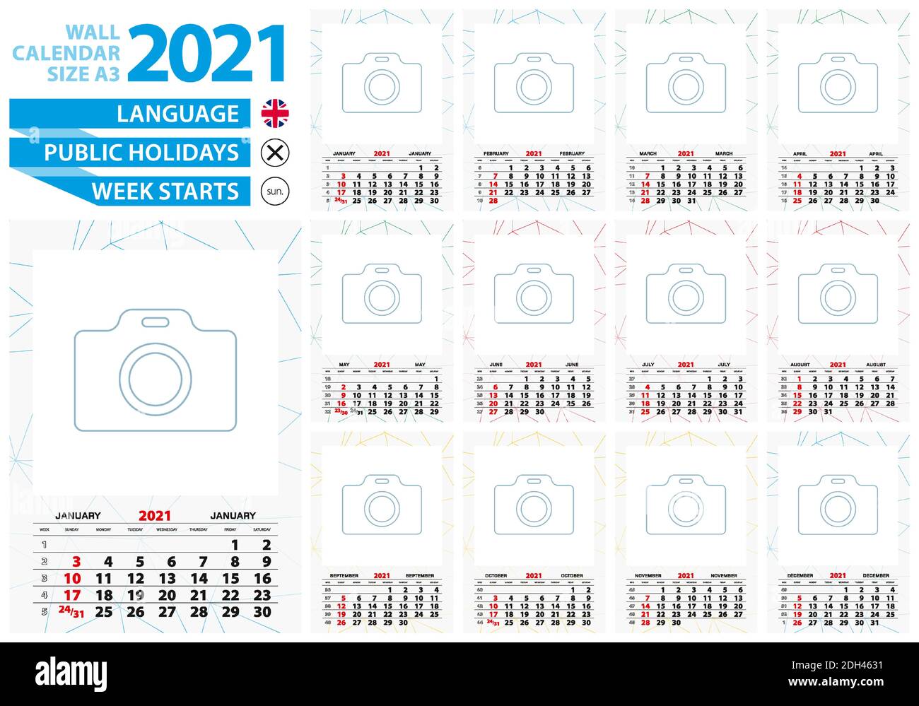 A3 size wall calendar 2021 year with abstract lined background and ...