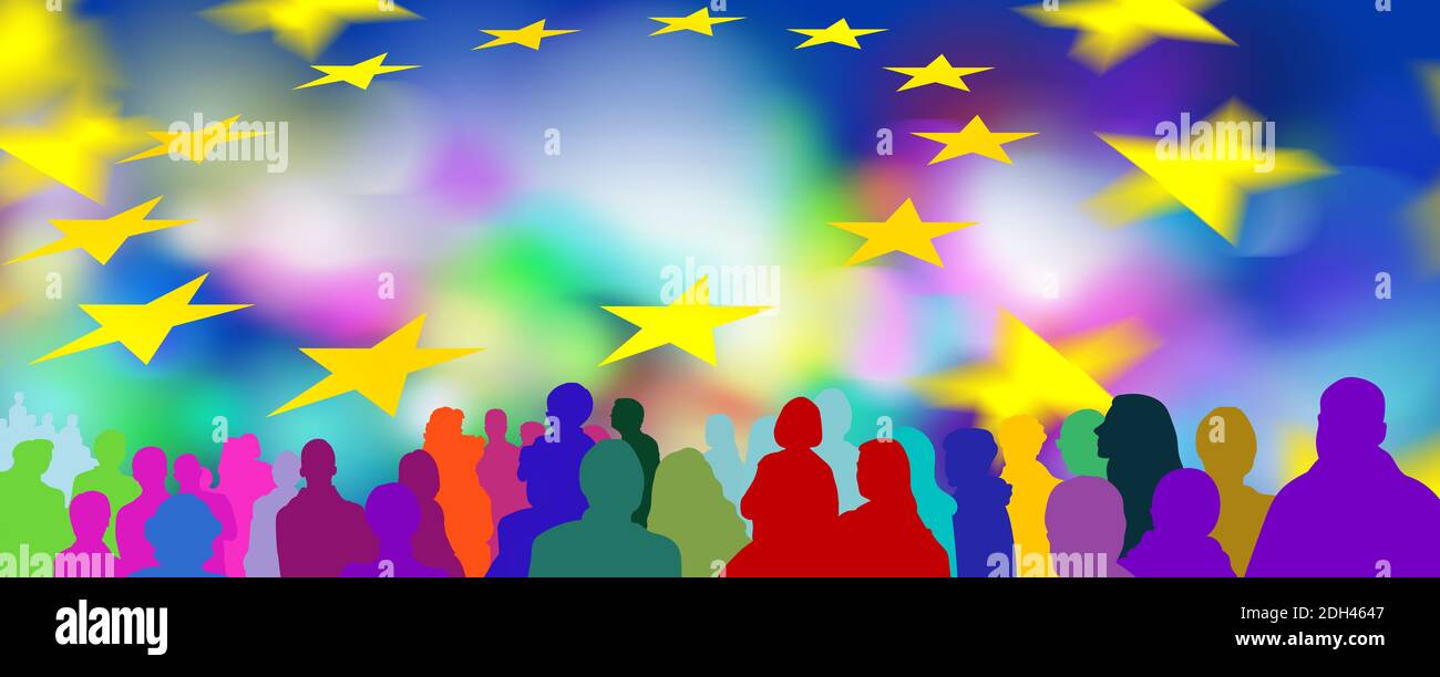 Eu symbol and people, crowd, flag, europe, blue, banner, lights Stock ...