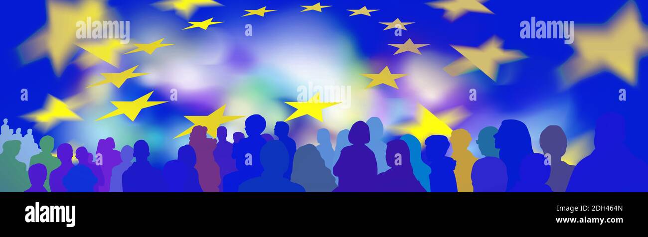 Eu symbol and people, crowd, flag, europe, blue, banner, lights Stock ...