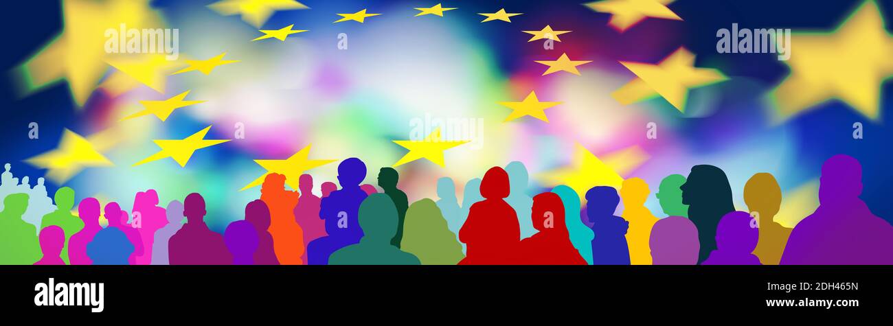 Eu symbol and people, crowd, flag, europe, blue, banner, lights Stock ...