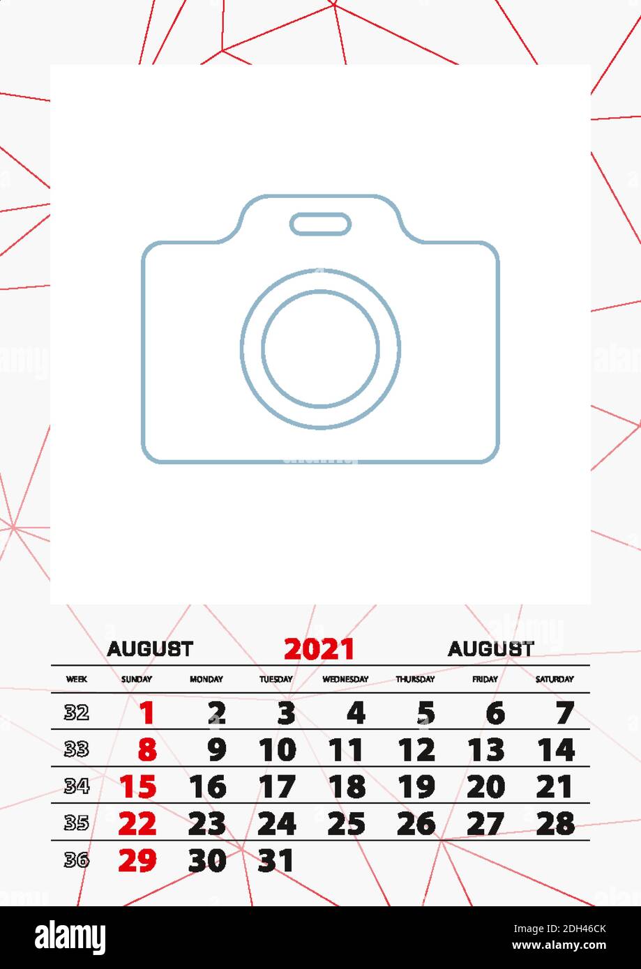 Wall calendar planner template for August 2021, week starts on sunday ...