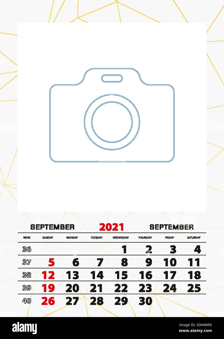 Wall calendar planner template for September 2021, week starts on ...