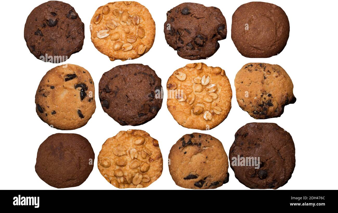 Biscuits of different types and flavors on an isolated white background ...