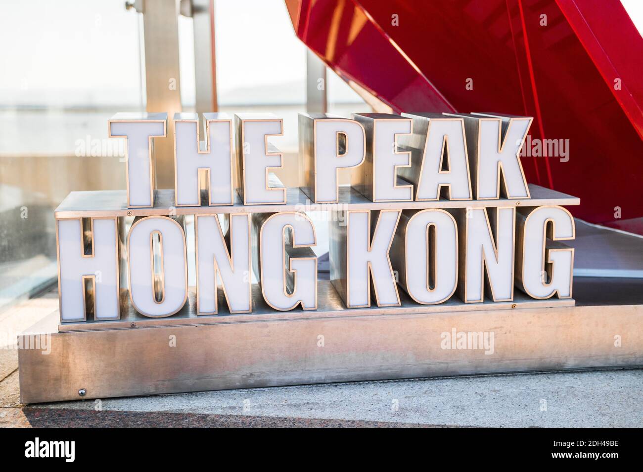 The Peak, Hong Kong. Close up shot of the Peak Tower sign (white ...