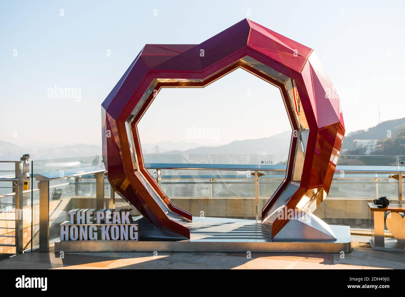 The Peak, Hong Kong. Close up shot of the Peak Tower sign (white ...