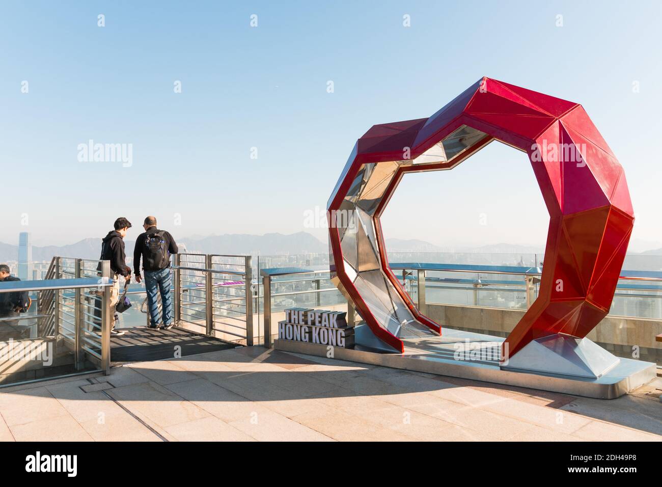 The Peak, Hong Kong. Close up shot of the Peak Tower sign (white ...