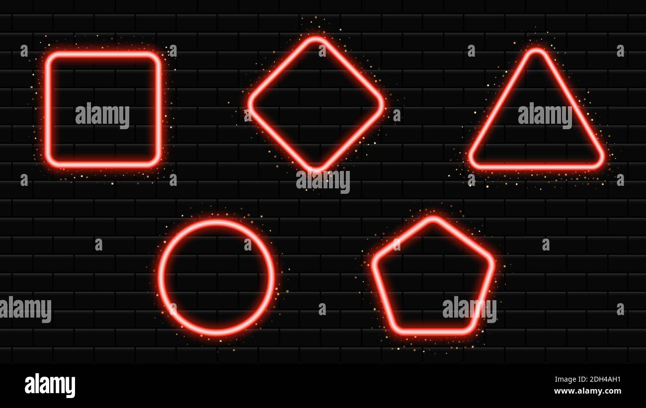 Geometric neon shapes with gold sequins, neon banner. Brick wall ...