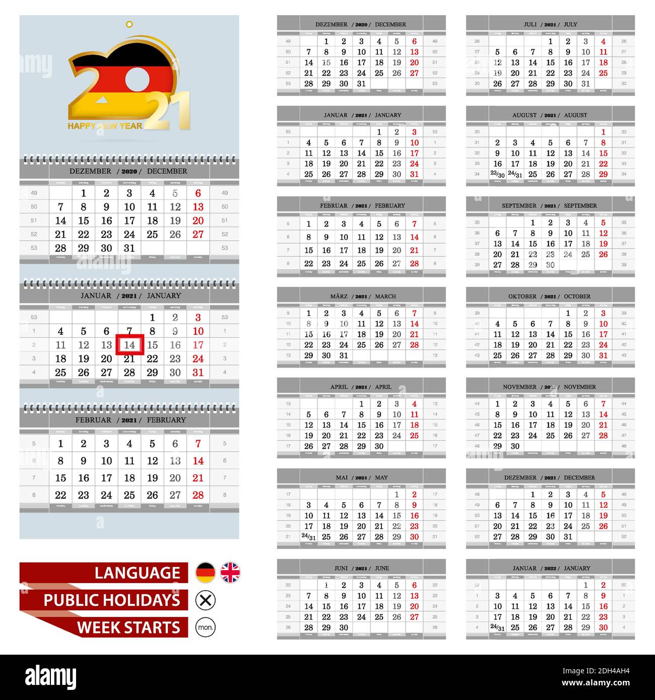 Wall calendar planner template for 2021 year. Germany and English ...