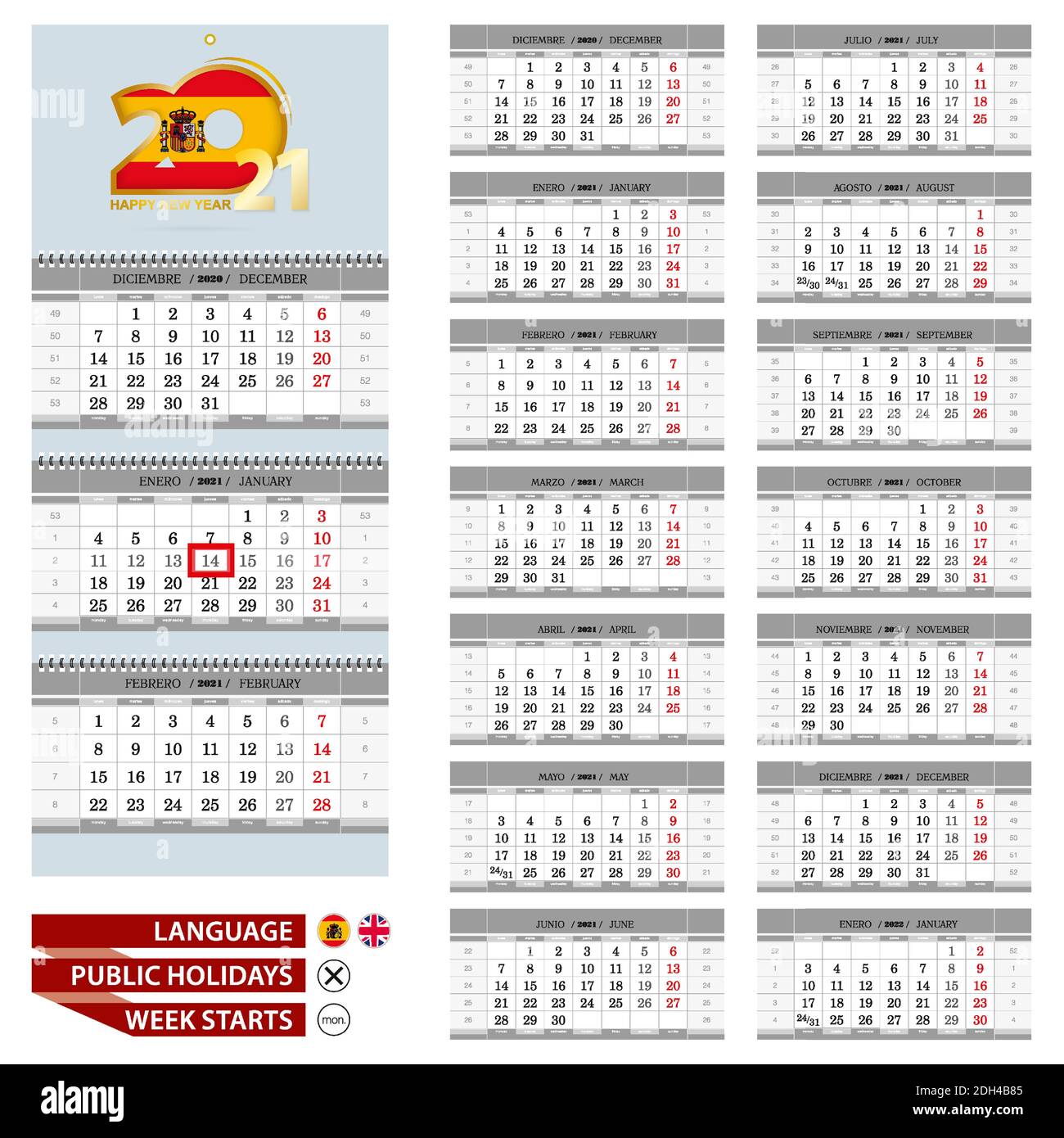 Spanish and English language calendar for 2021 year. Week starts from ...