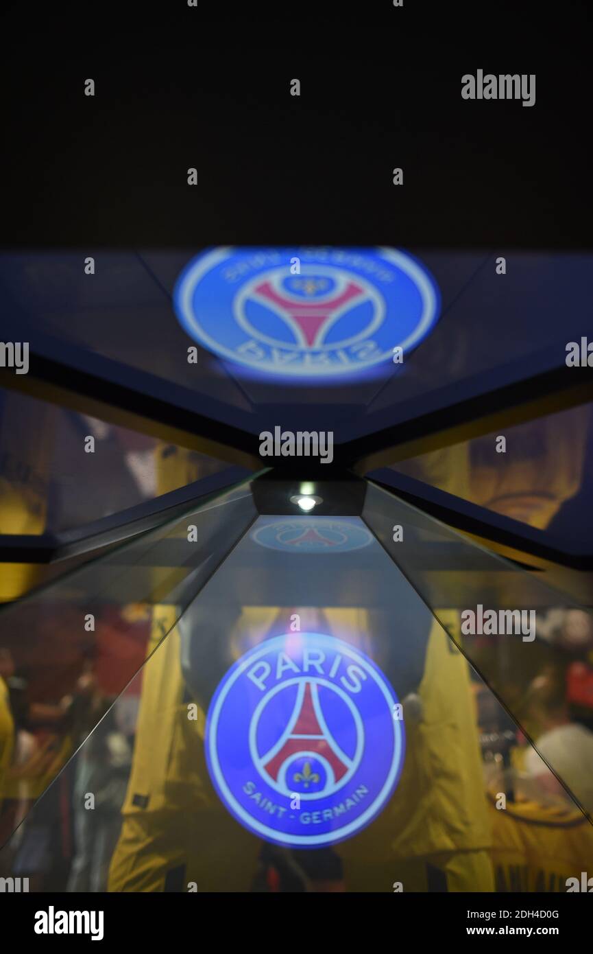 PSG's logo is seen on the window of the Paris Saint-Germain football ...