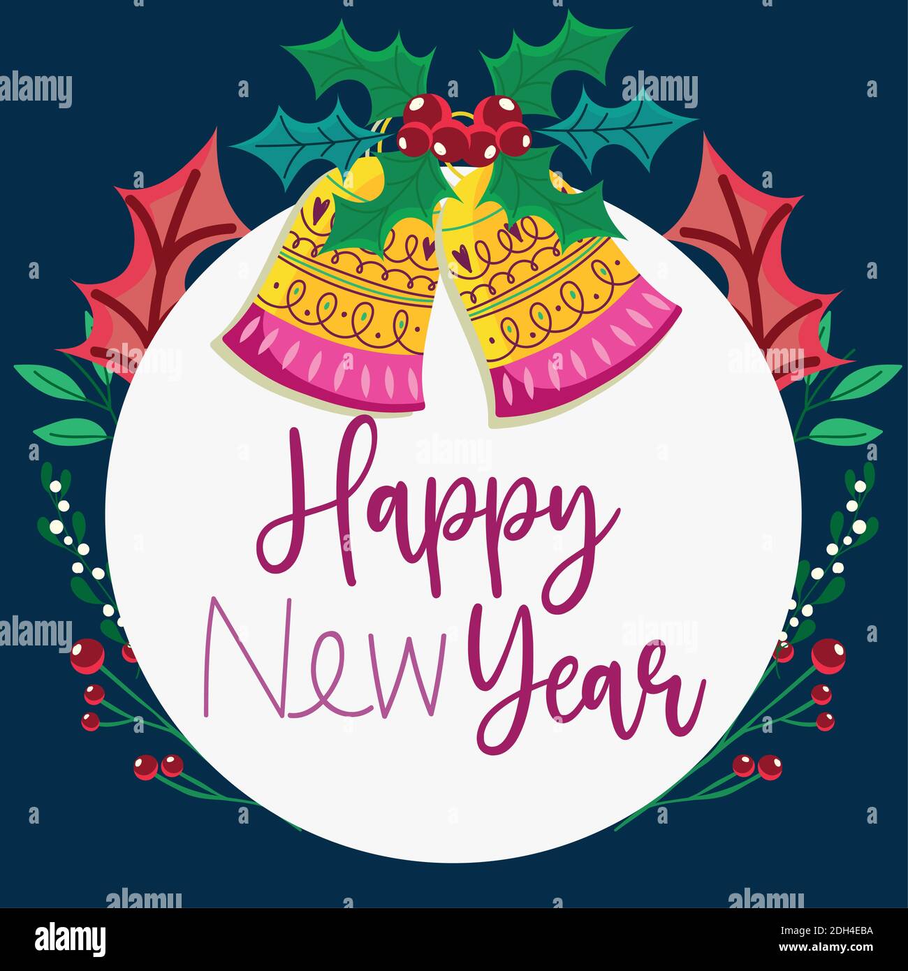 happy new year bells with holly berry border decoration badge vector ...