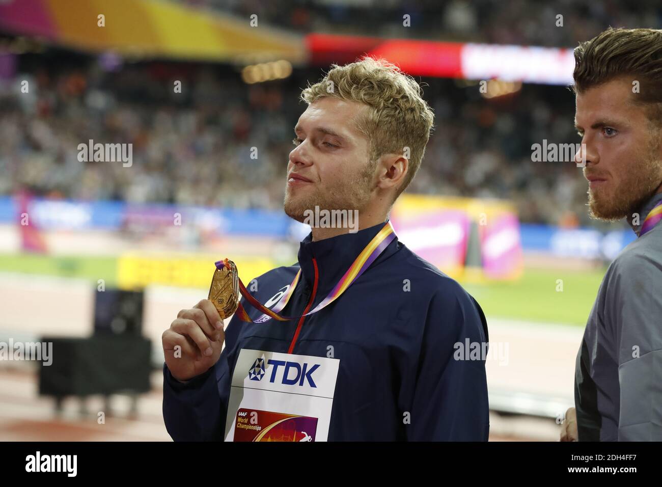 France's Kevin Mayer receiving his gold medal after winning the ...
