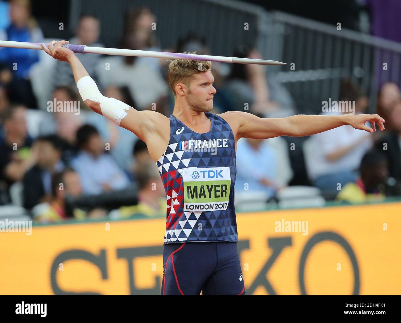Kevin Mayer of France in the decathlon javelin throw during the day ...