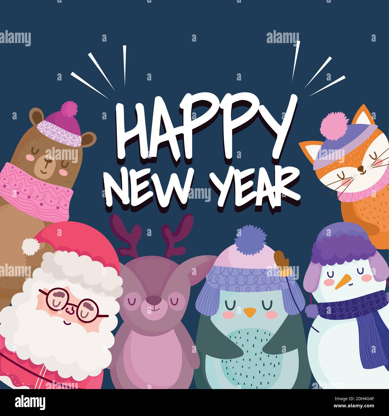 happy new year creative text with santa penguin reindeer snowman fox ...
