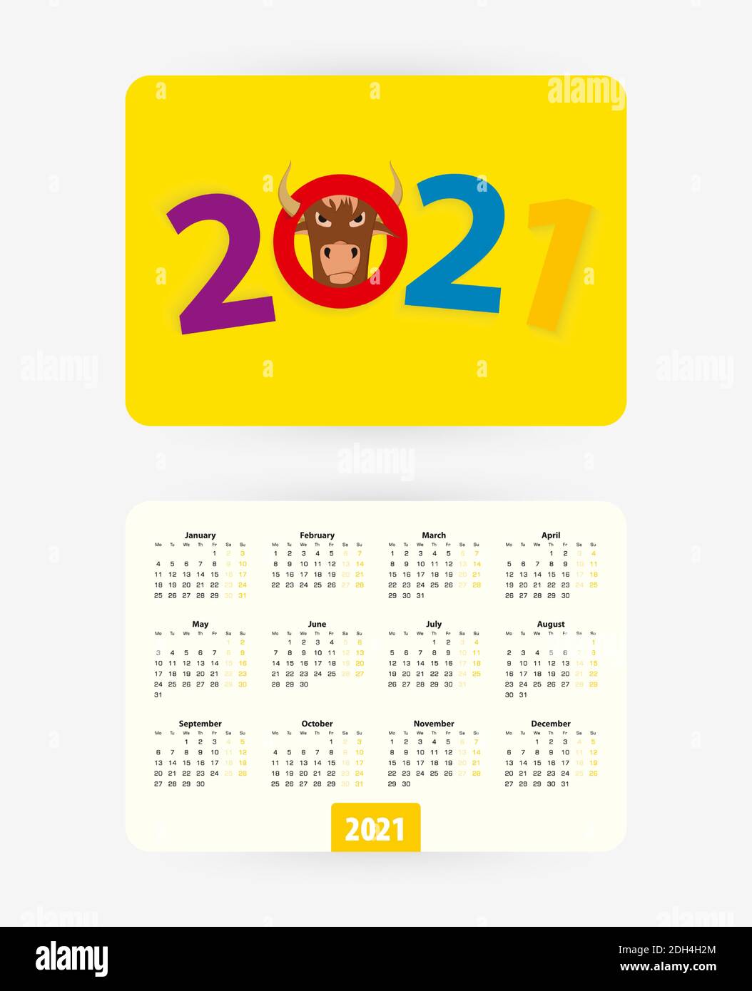 2021 pocket calendar with colorful numbers of year 2021, week starts on ...
